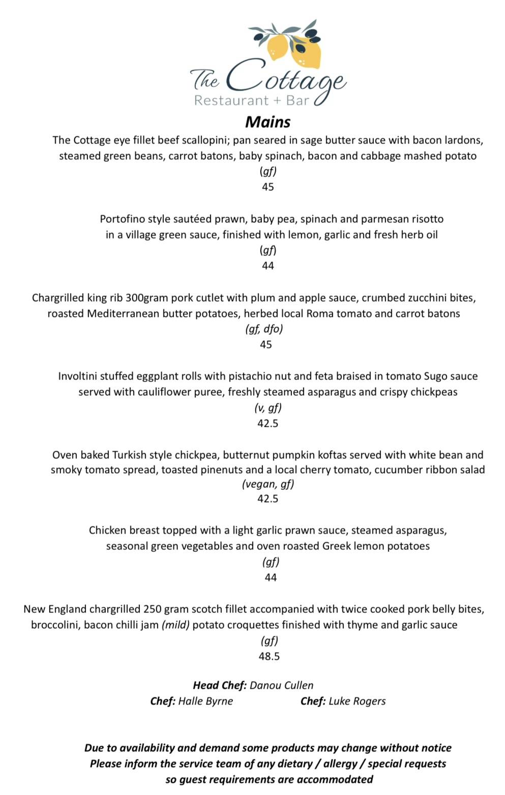 Menu at The Cottage Restaurant and Bar, Armidale