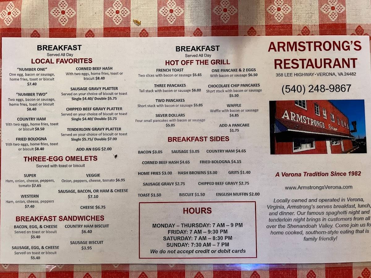 Menu at Armstrong's restaurant, Verona