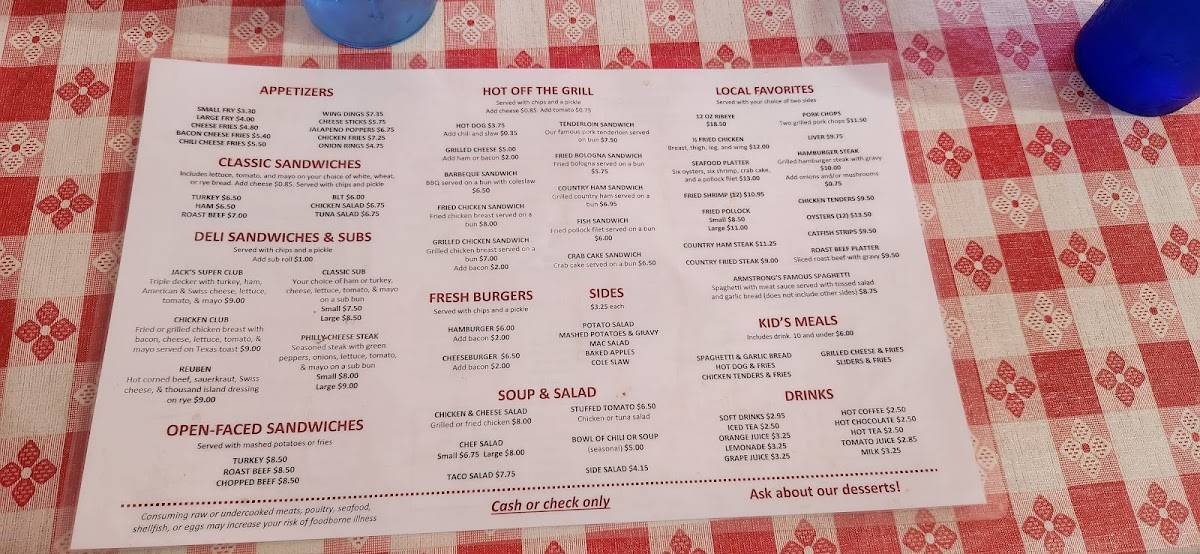 Menu at Armstrong's restaurant, Verona