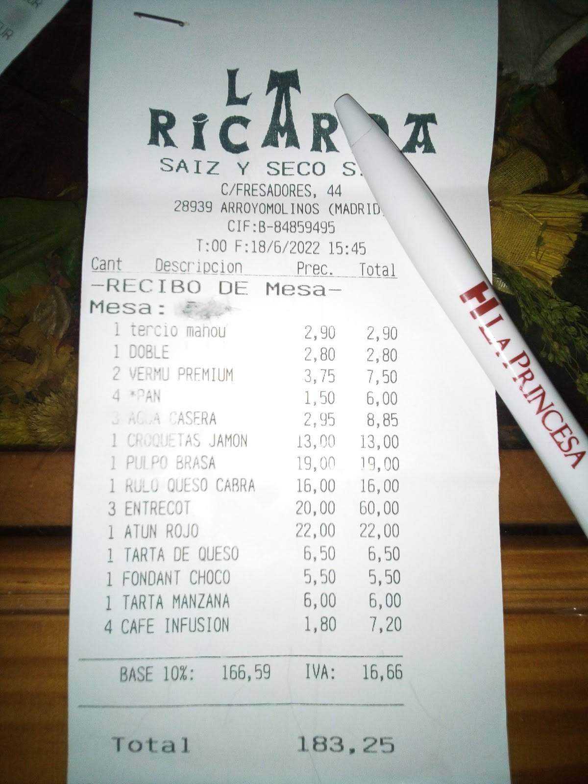 Carta de Restaurante La Ricarda, Arroyomolinos