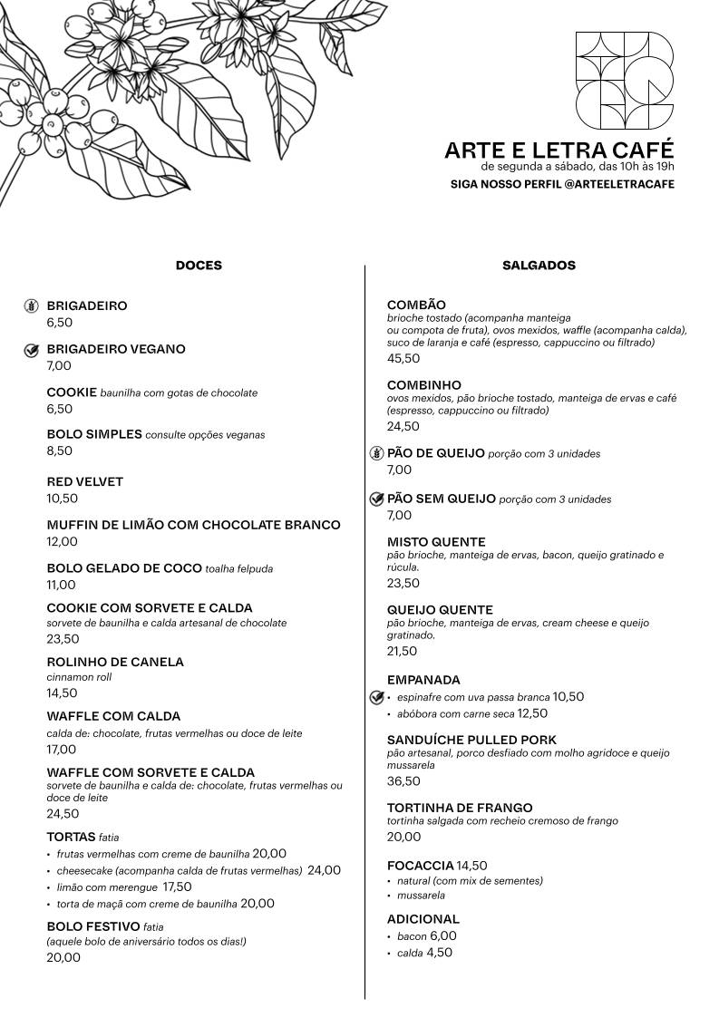 Menu em Café e Livraria Arte e Letra, Curitiba