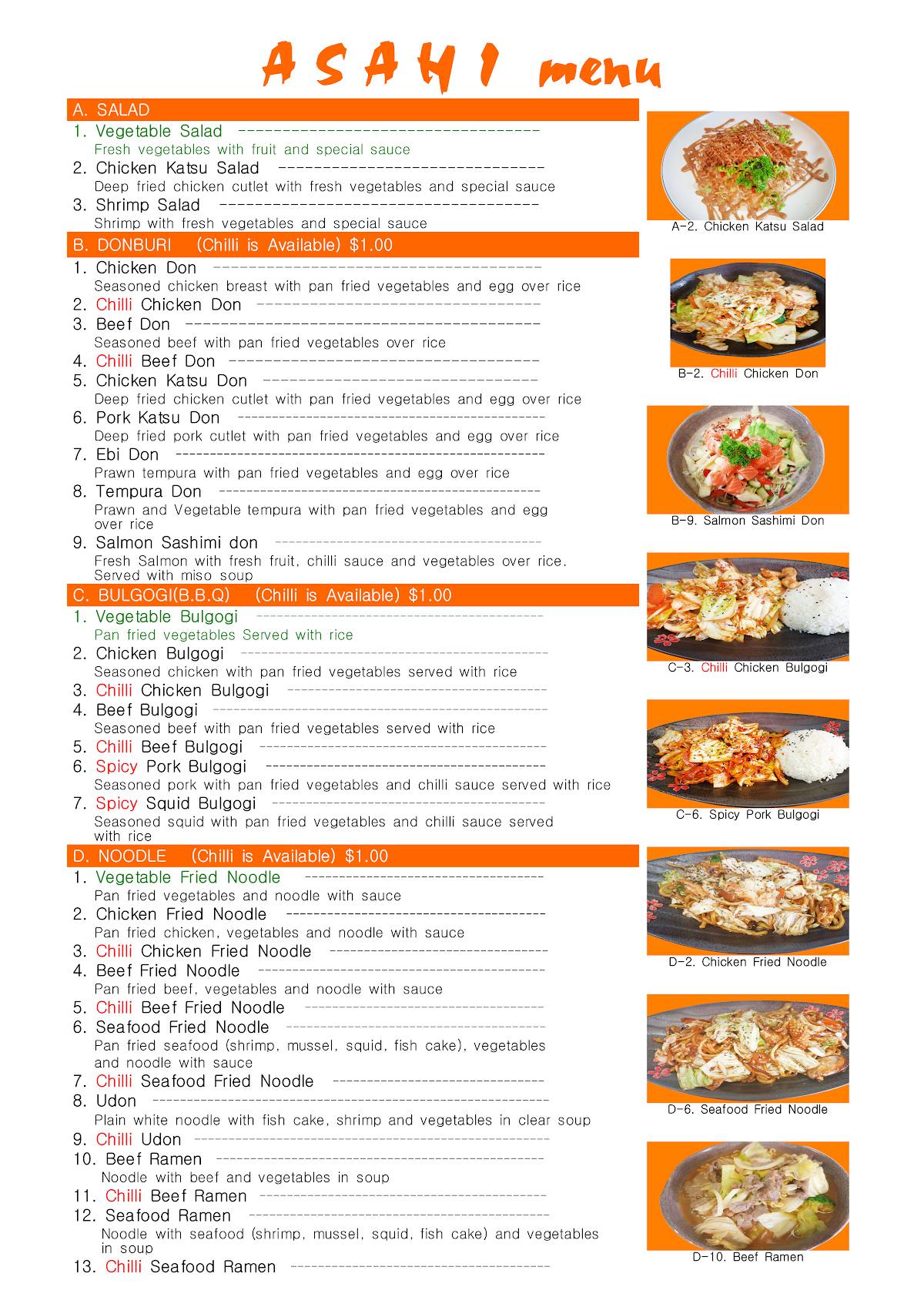 Menu at Asahi sushi restaurant, Warkworth