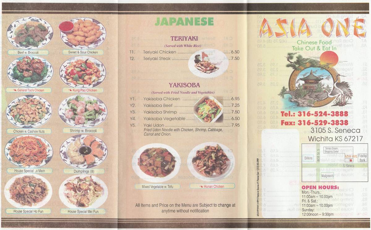 Menu at Asia One restaurant, Wichita, S Seneca St suite 100