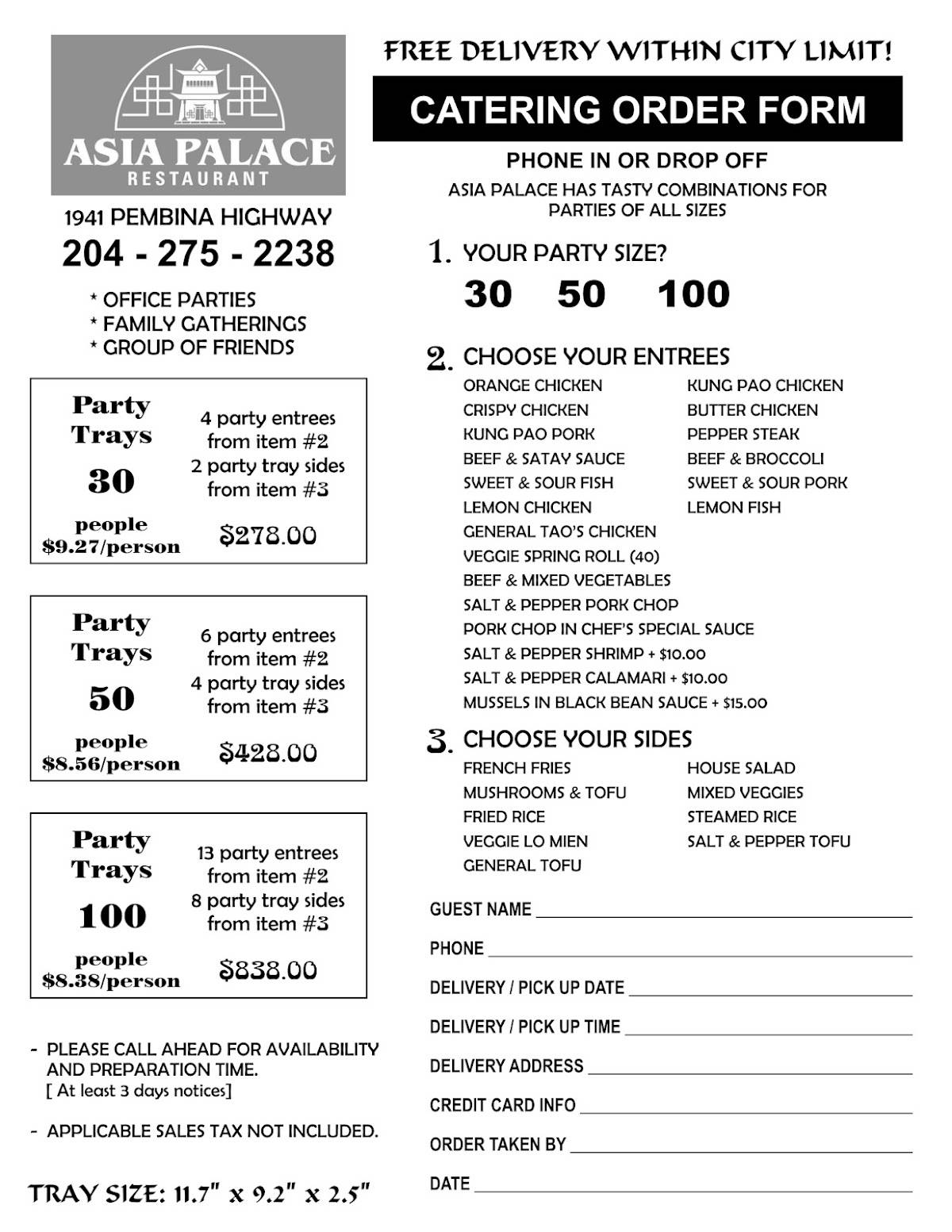 Menu at Asia Palace restaurant, Winnipeg, Pembina Hwy