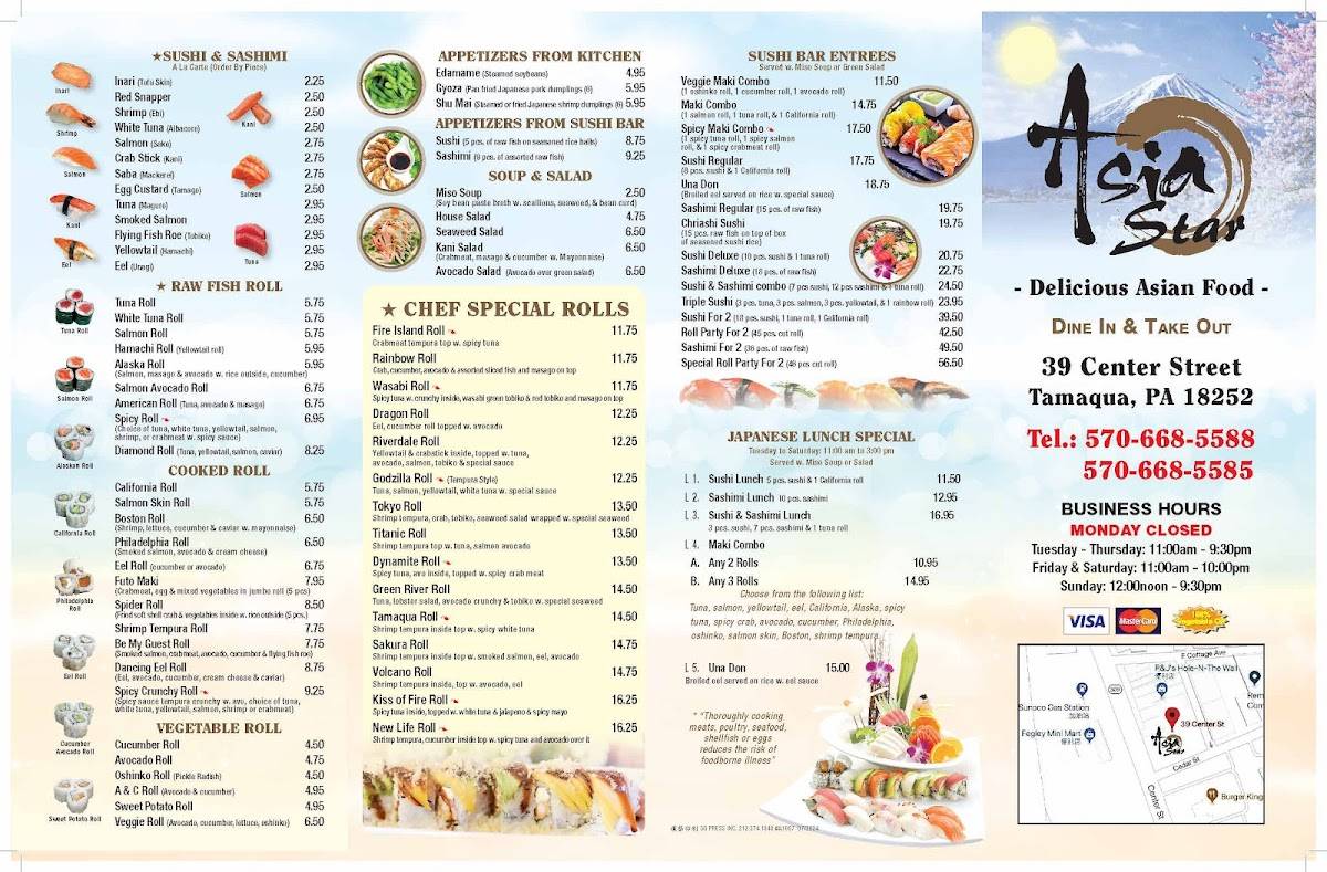 Menu at Asia Star restaurant, Tamaqua
