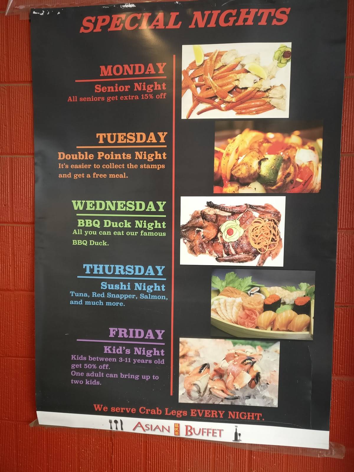 Menu at Asian Buffet restaurant, Calgary