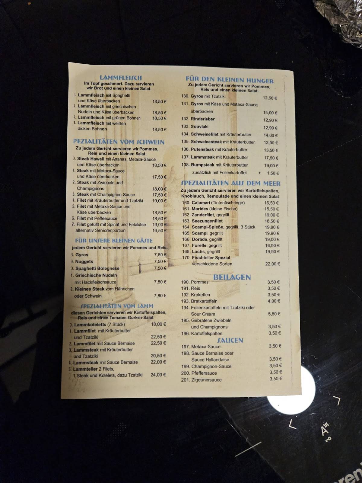 Speisekarte von Athos restaurant, Ascheffel