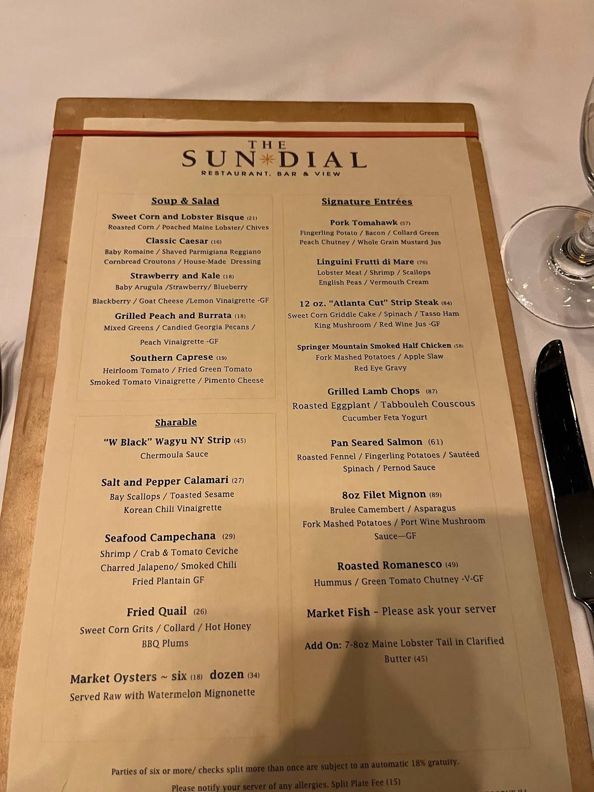 Menu at The Sun Dial Restaurant, Bar & View, Atlanta
