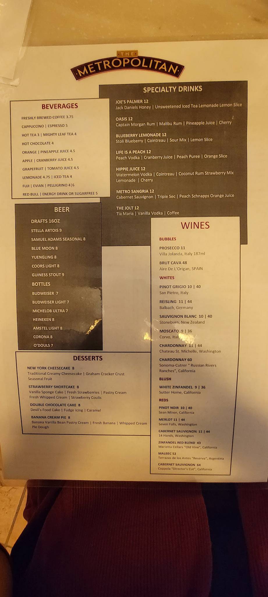 Menu at The Metropolitan restaurant, Atlantic City, Borgata Hotel