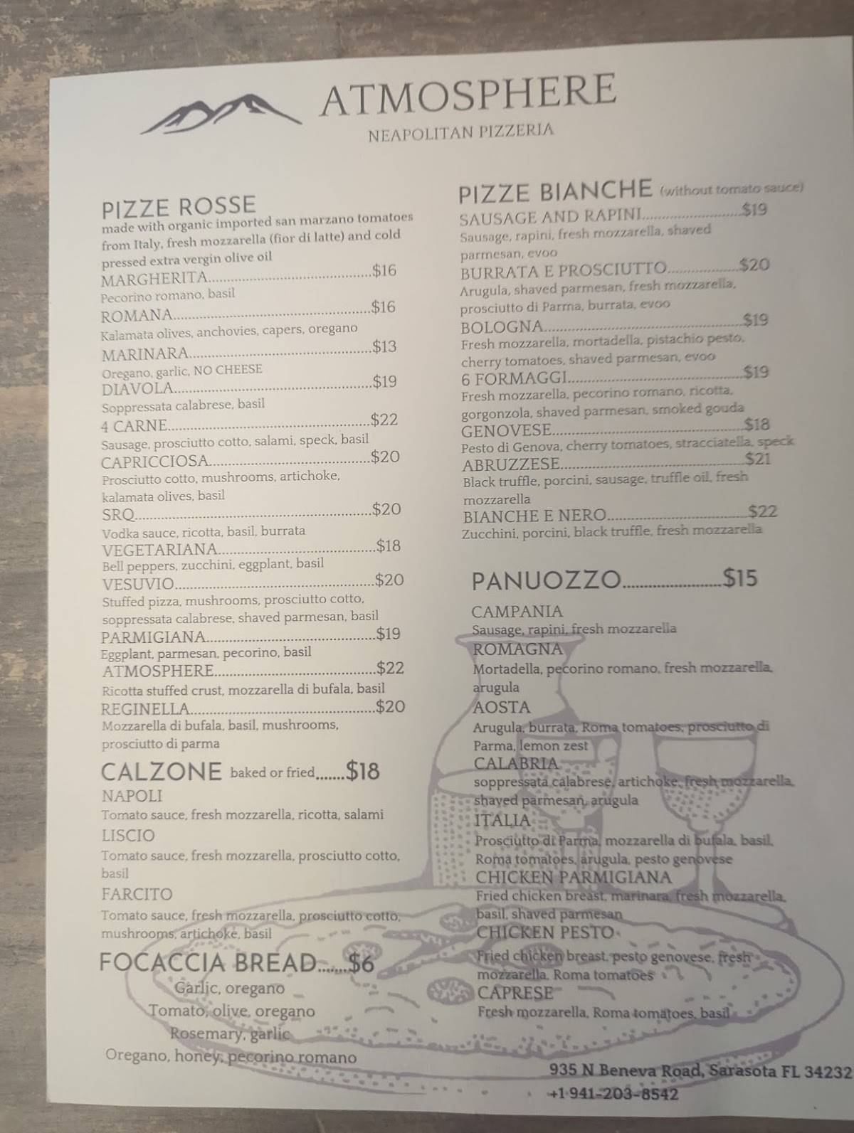 Menu at Atmosphere restaurant, Sarasota, 935 N Beneva Rd unit 409