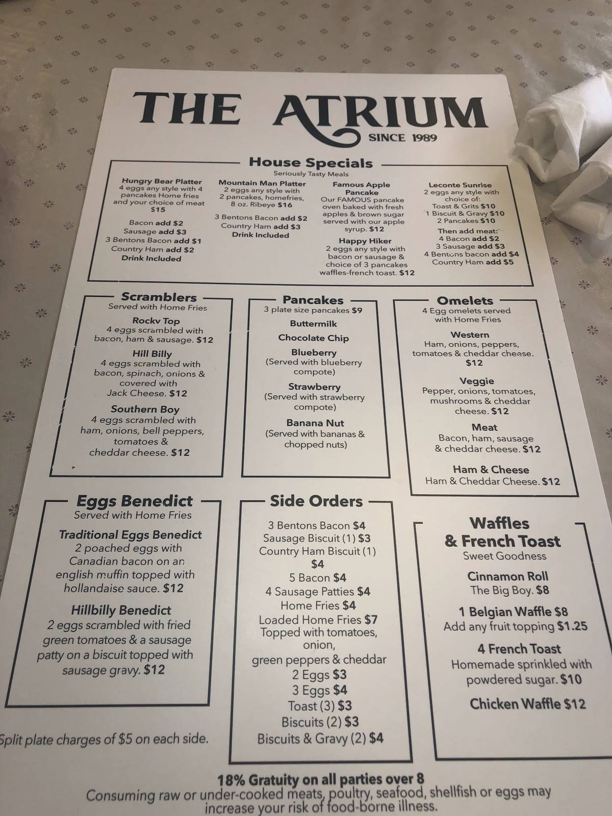 Menu at Atrium Restaurant, Gatlinburg