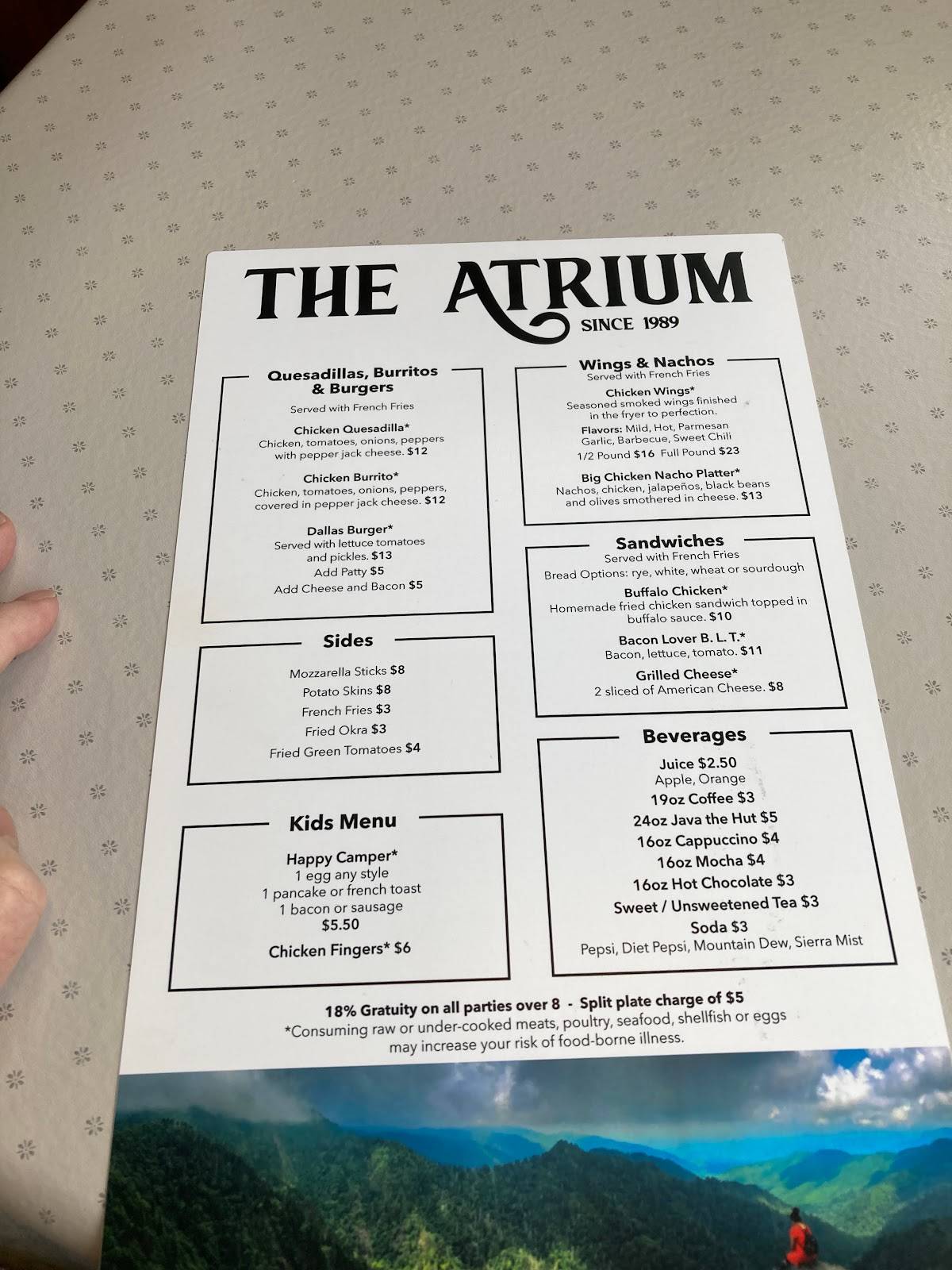 Menu at Atrium Restaurant, Gatlinburg