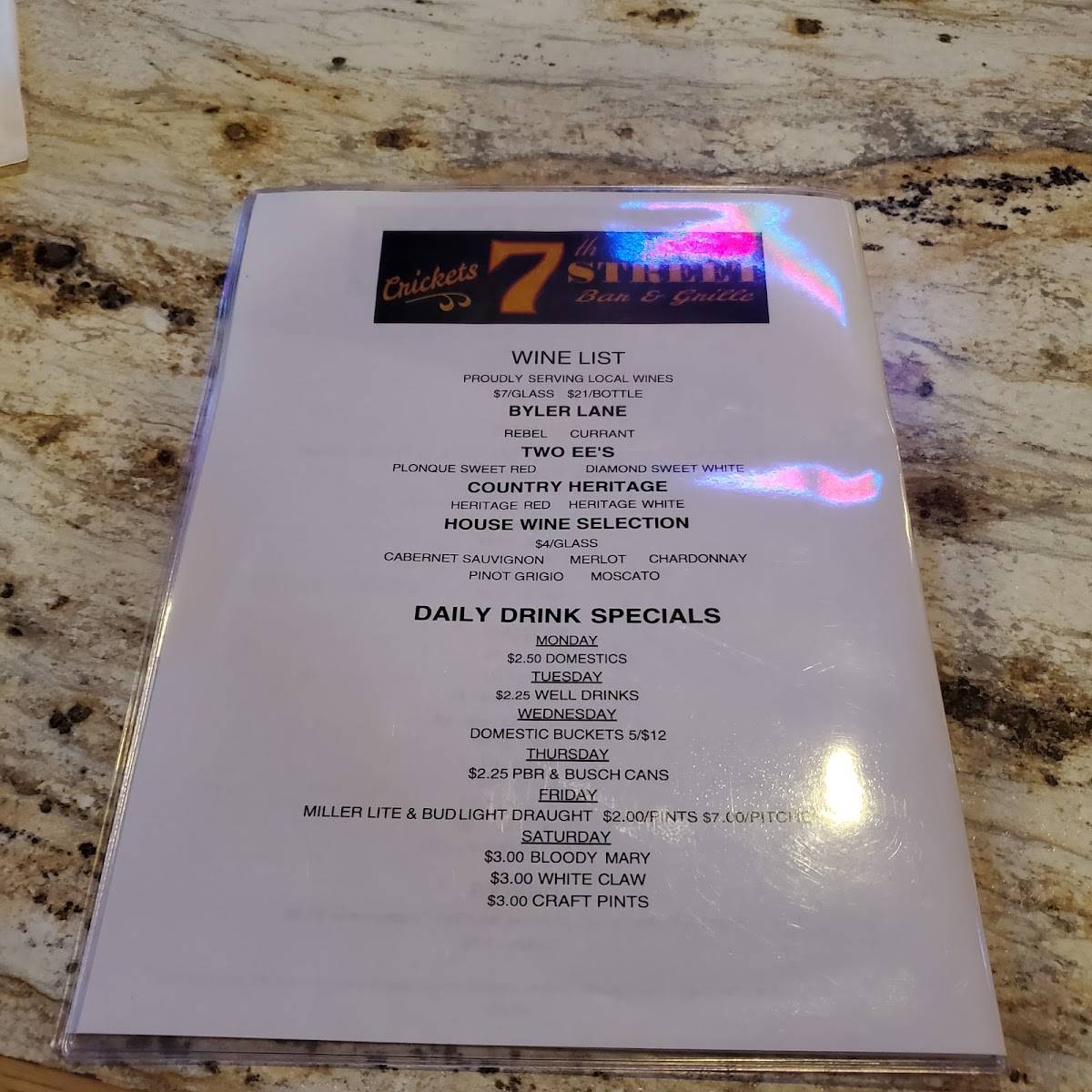 Menu at Cricket's 7th St. Bar & Grille, Auburn