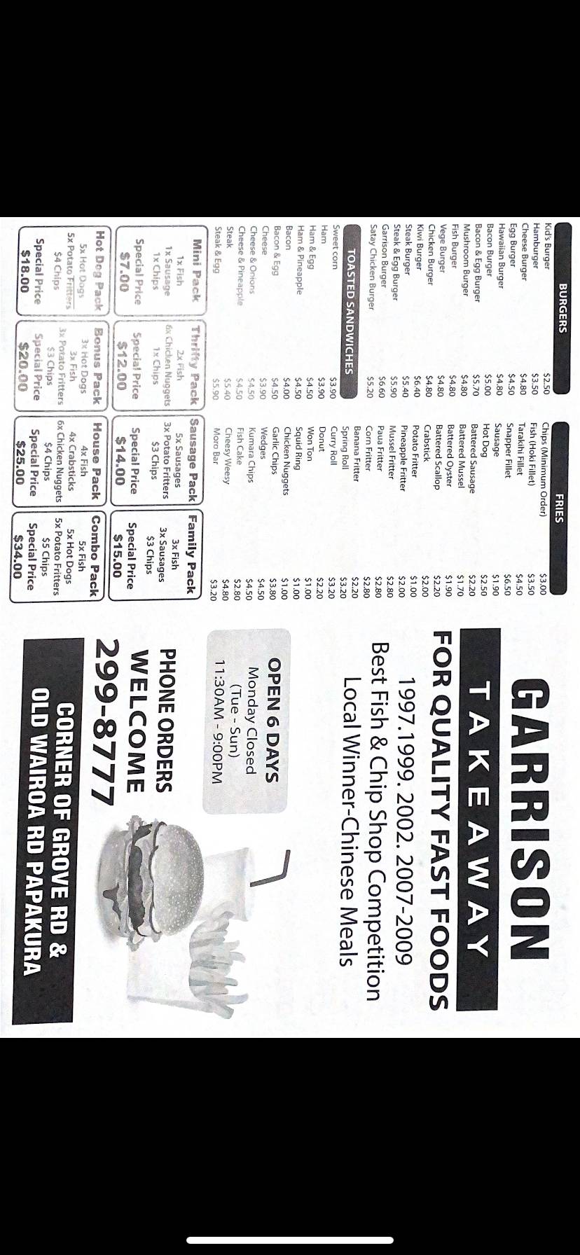 Menu at Garrison Takeaways restaurant, Auckland