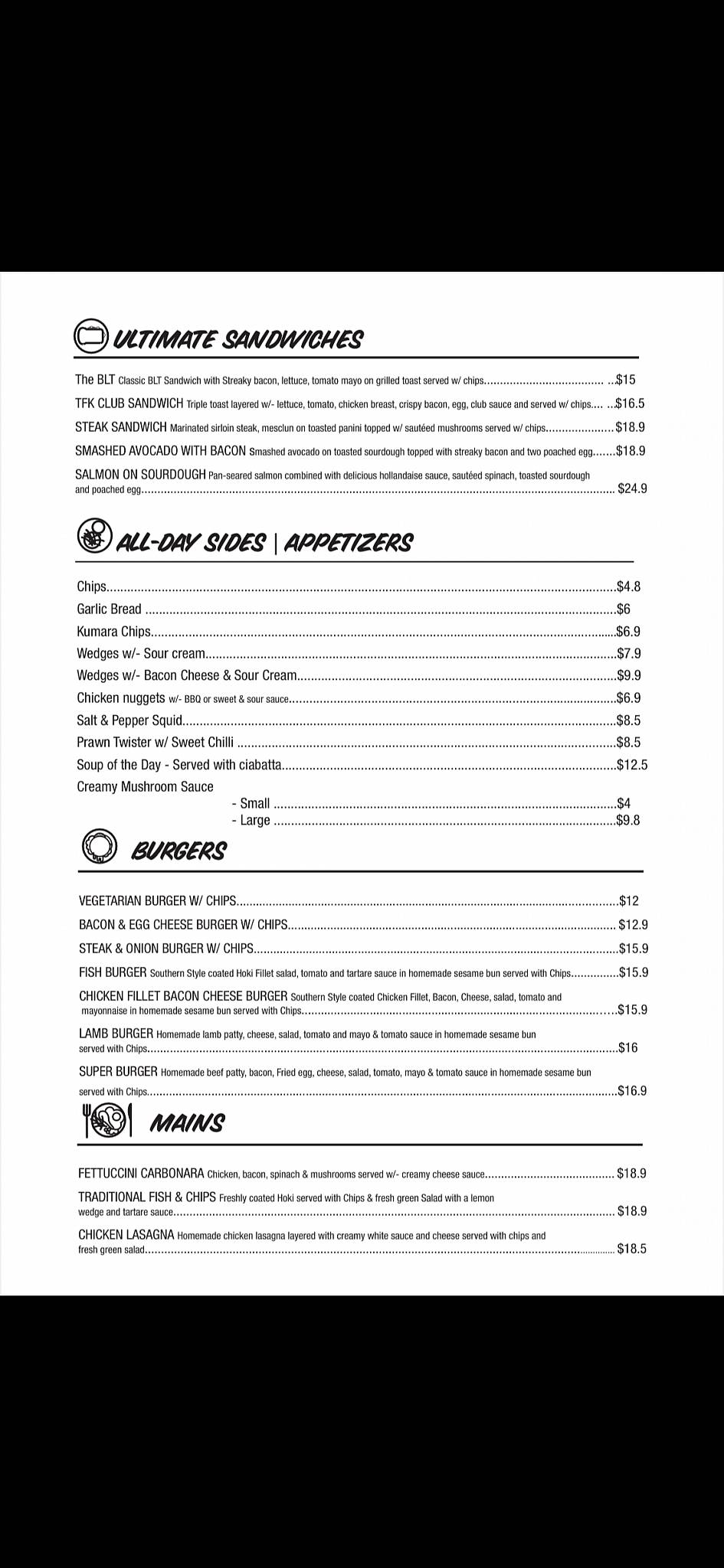 Menu at The Food Kitchen cafe, Auckland, 3/16 Lambie Dr