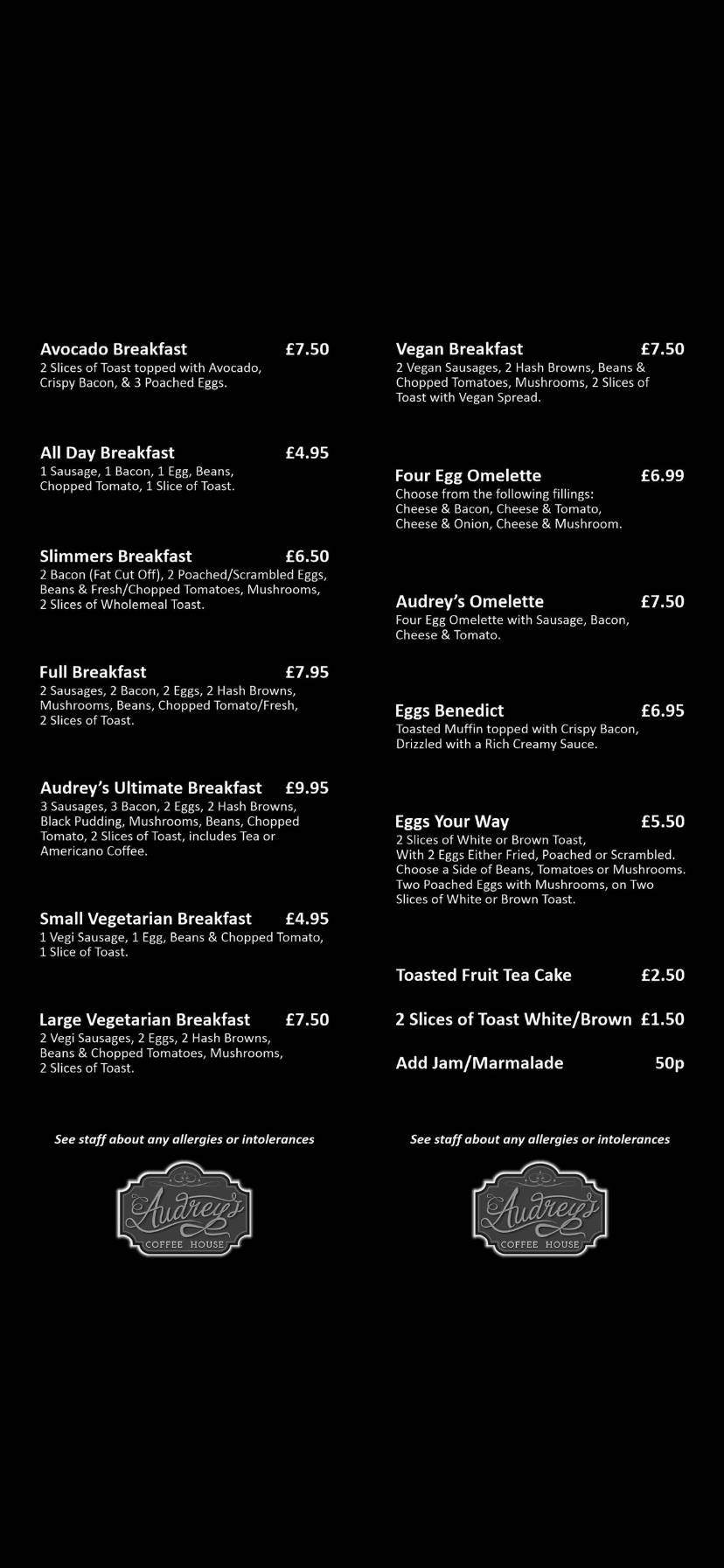 Menu at Audreys Coffee House & Deli, Barnsley