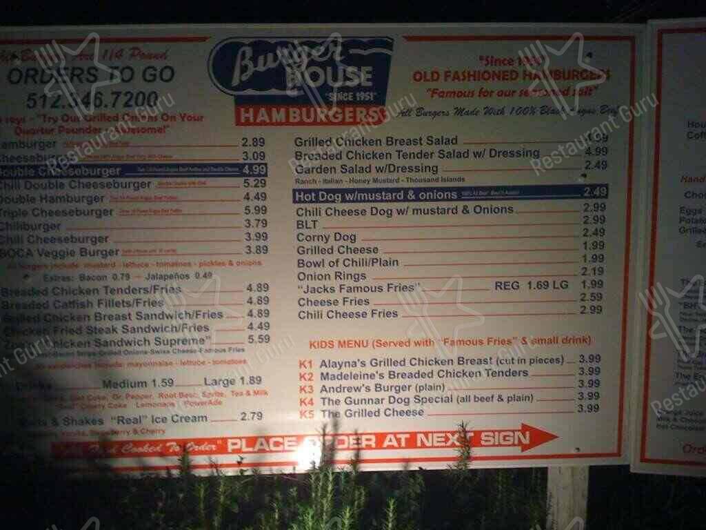 Menu at Burger House restaurant, Austin, Spicewood Springs Rd