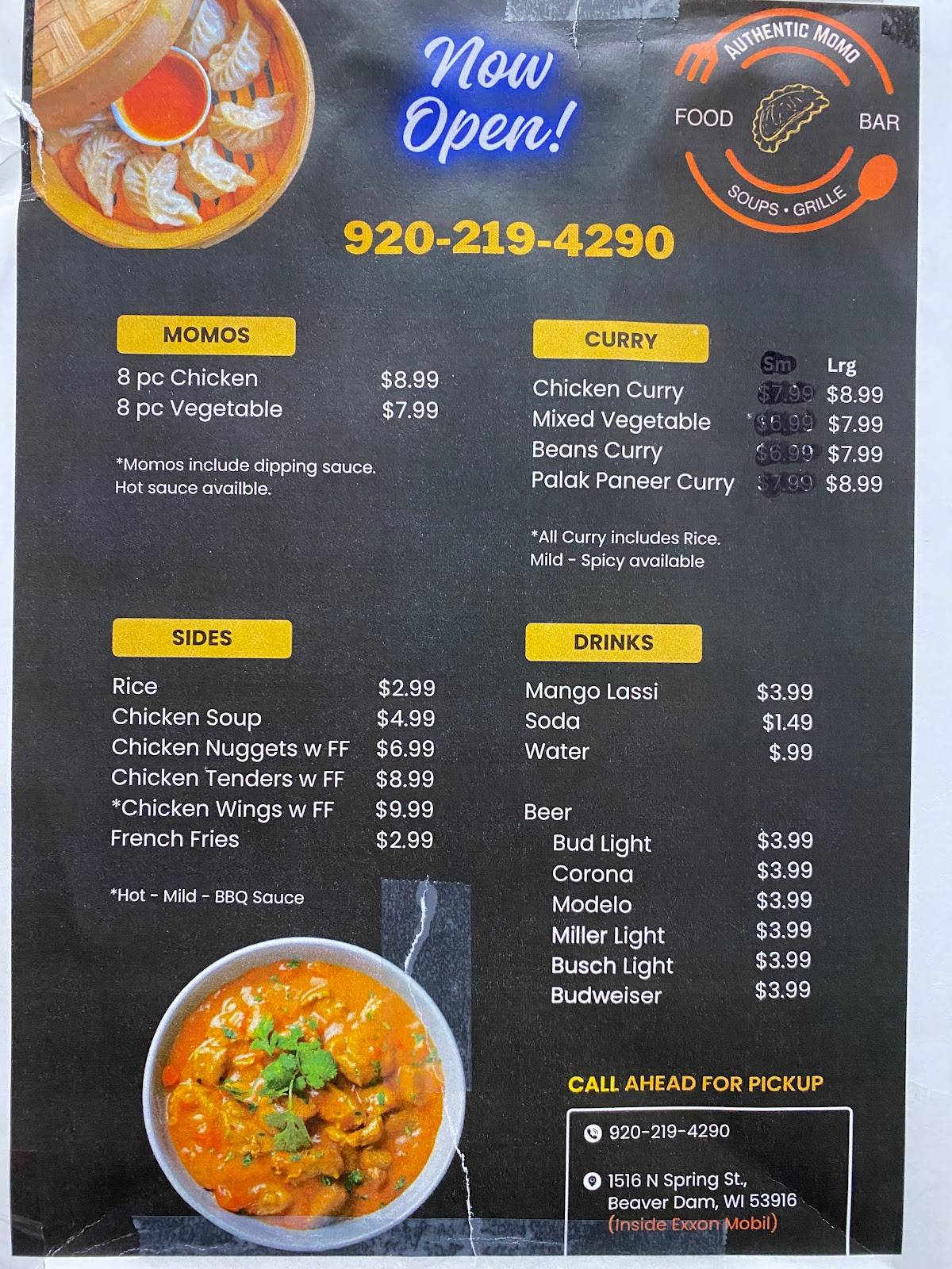 Menu at Authentic Momo And Bar, Beaver Dam