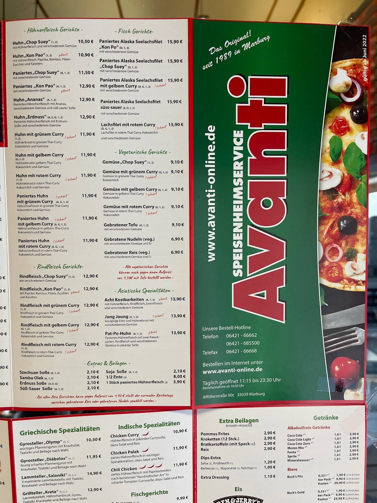 Speisekarte von Avanti restaurant, Marburg