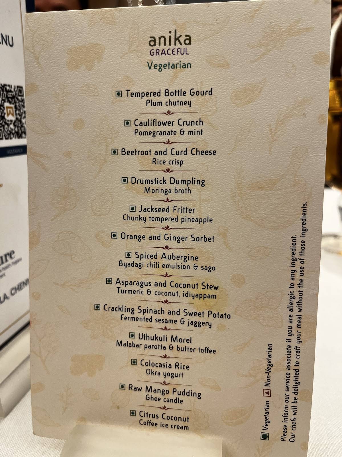 Menu at Avartana, Chennai