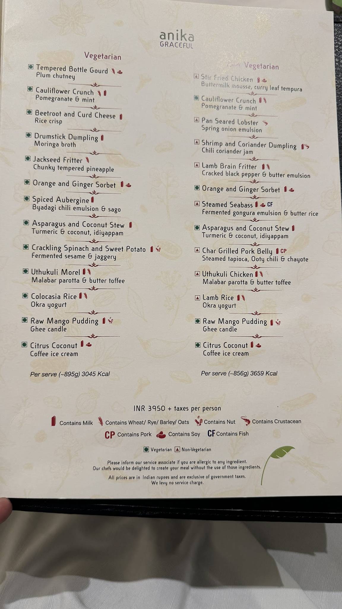 Menu at Avartana, Chennai