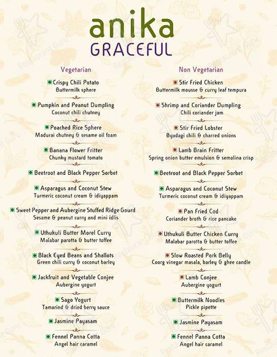 Menu at Avartana, Chennai