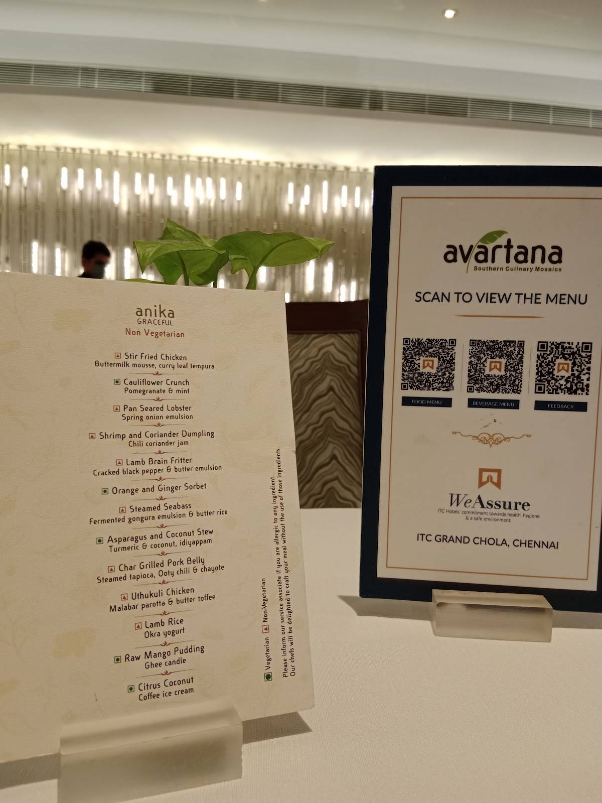 Menu at Avartana, Chennai