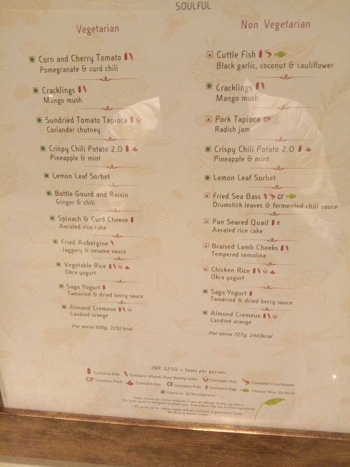 Menu at Avartana, Chennai