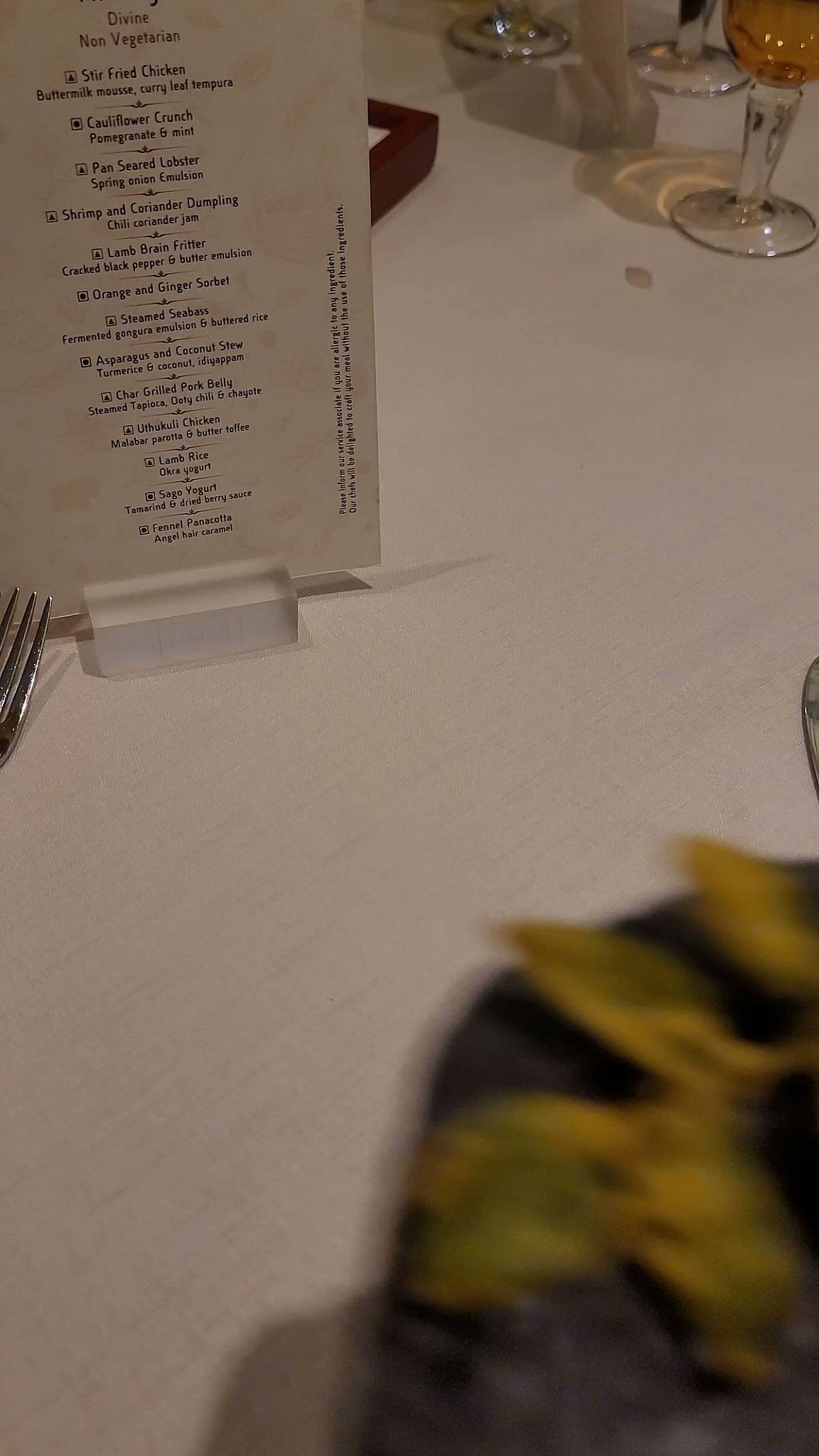 Menu at Avartana, Chennai