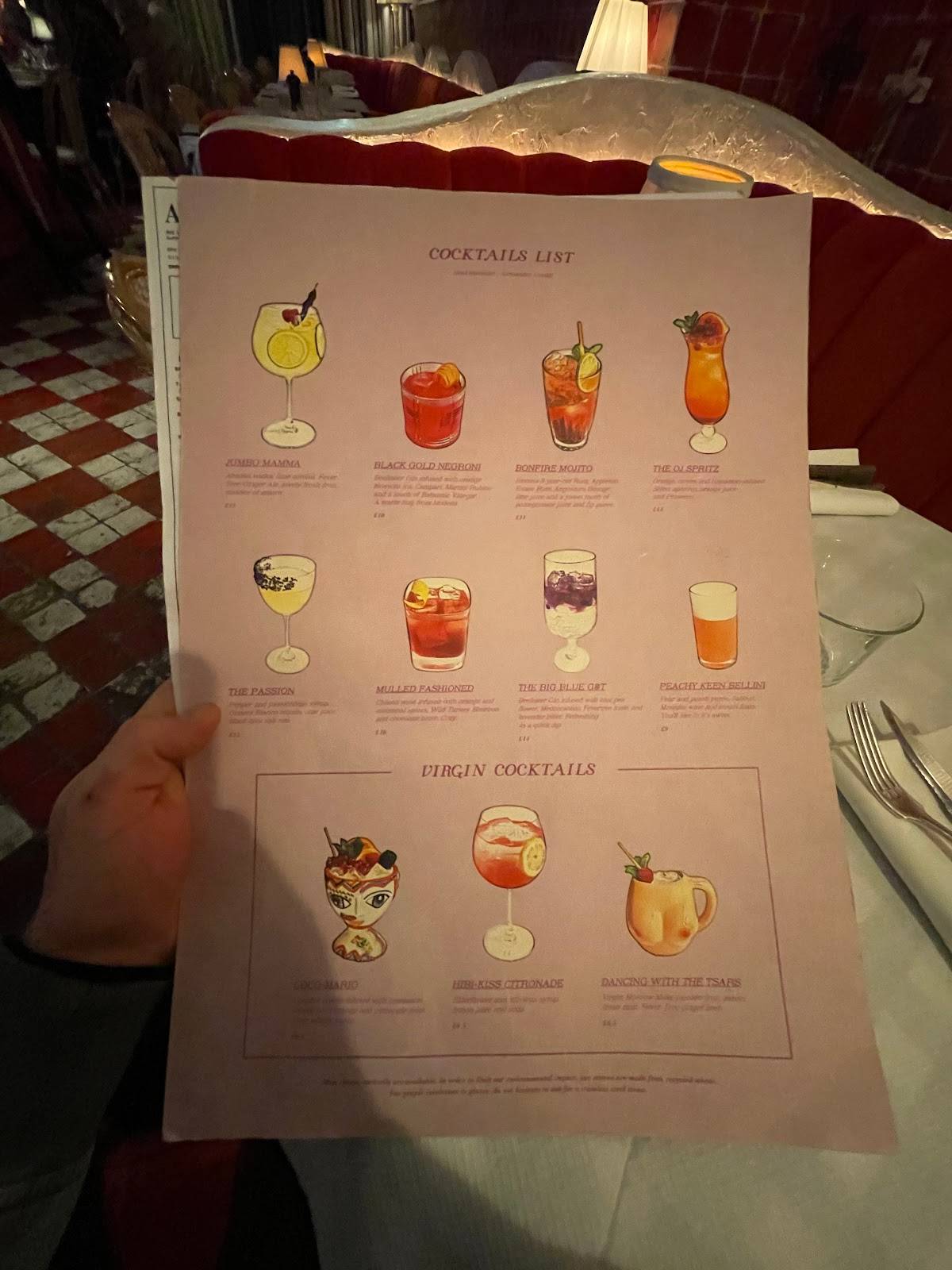 Carta del restaurante Ave Mario, Londres