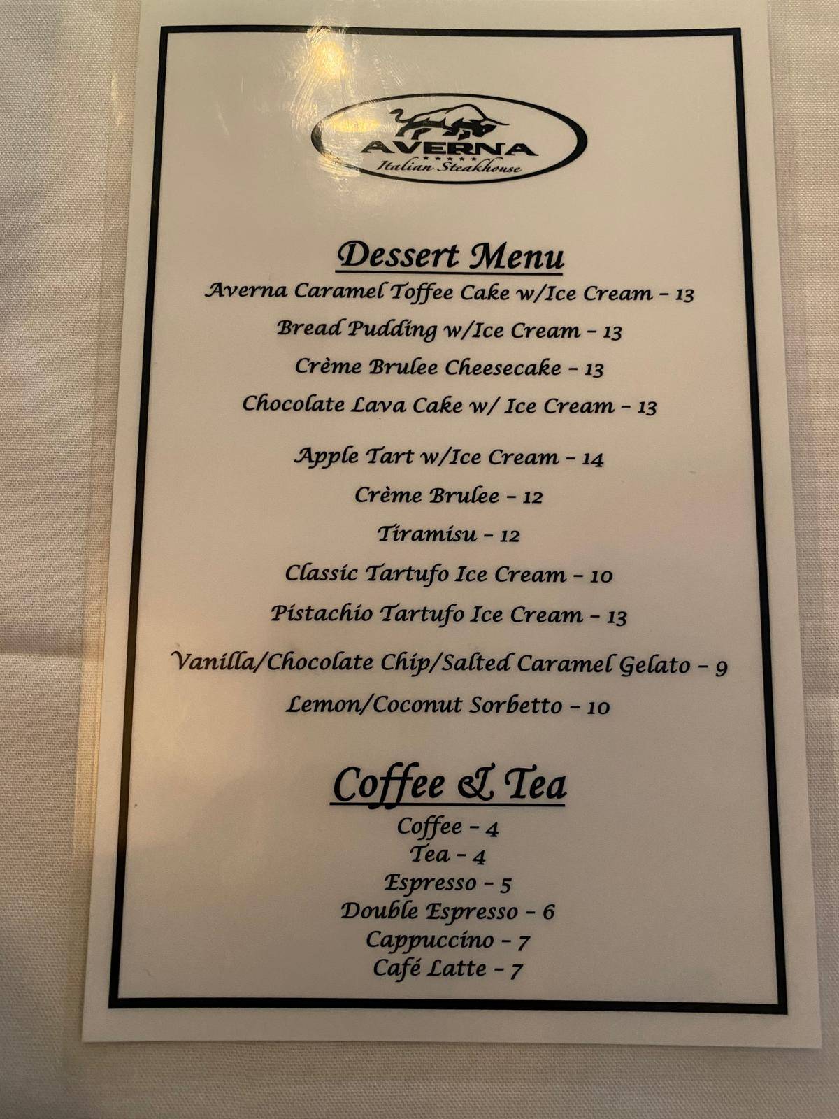 Menu at Averna Italian Steakhouse, Rye