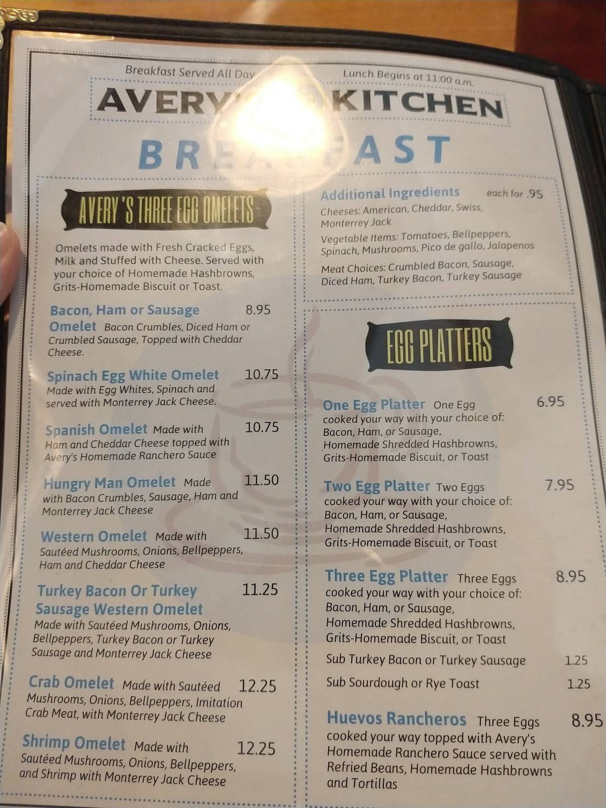 Menu at Avery's Kitchen restaurant, New Braunfels