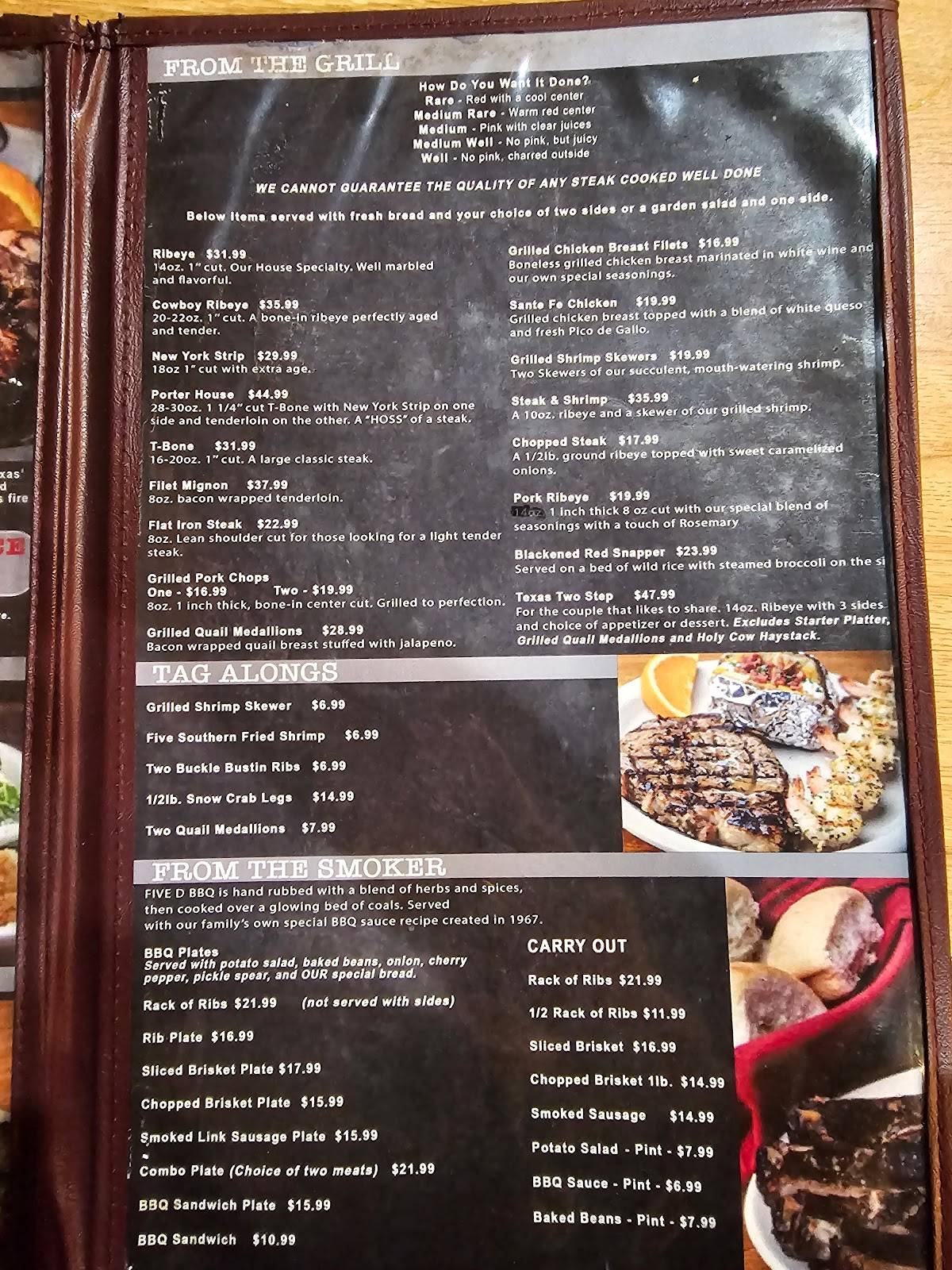 Menu at Five D Cattle Company Steak House & Meat Market steakhouse, Avinger
