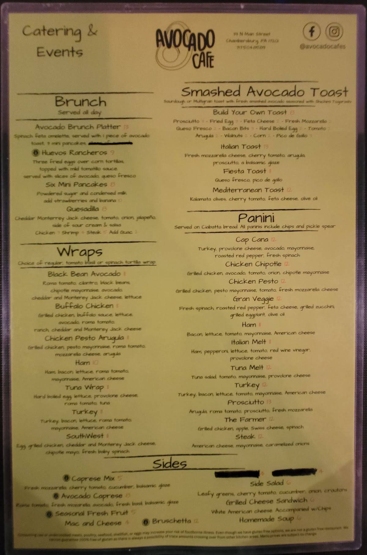 Menu at Avocado Cafe, Chambersburg