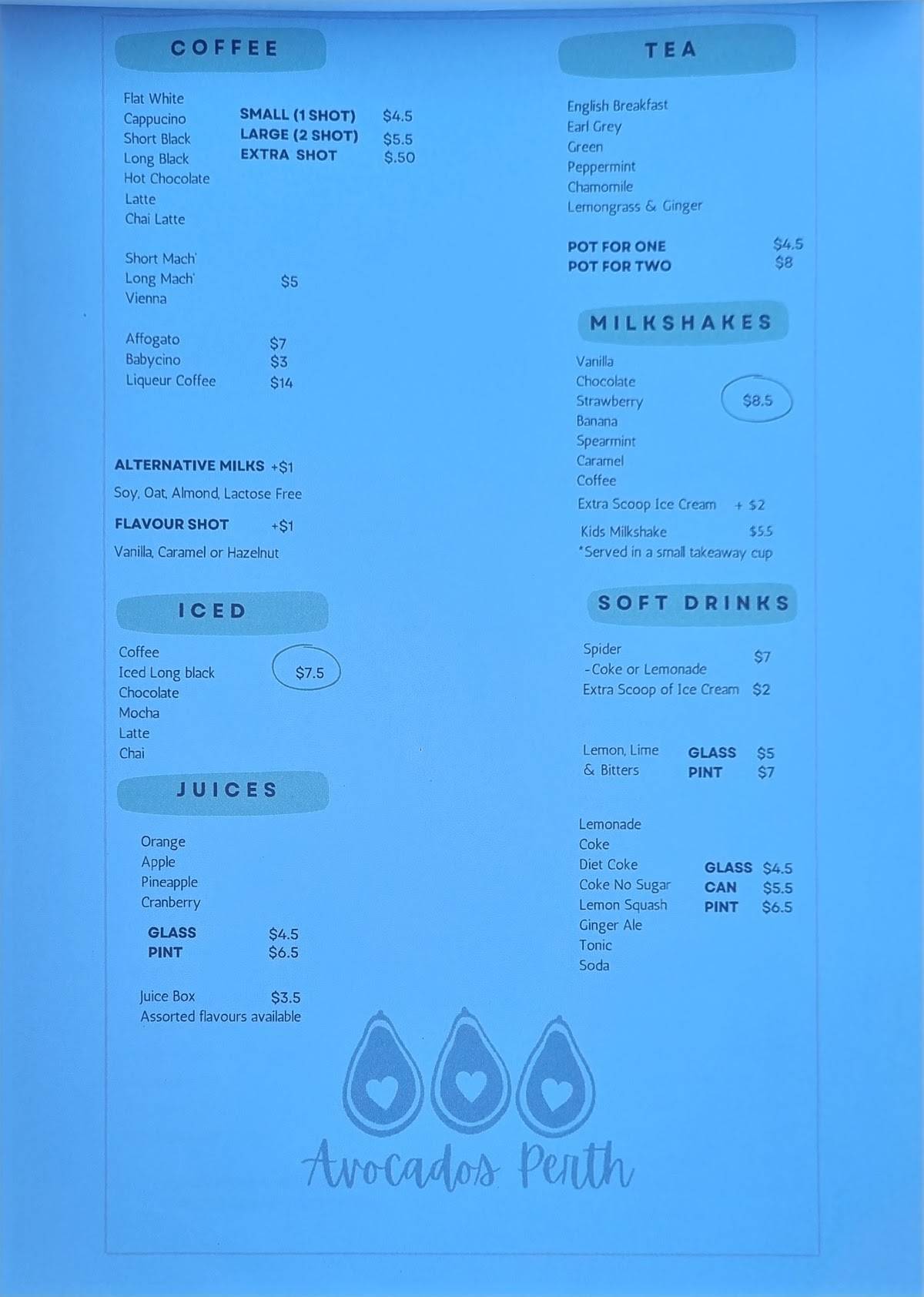 Menu at Avocados Bar & Café, Kelmscott