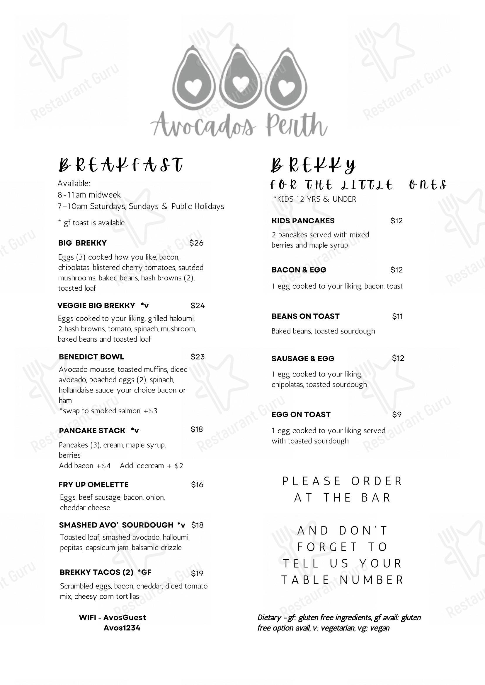 Menu at Avocados Bar & Café, Kelmscott