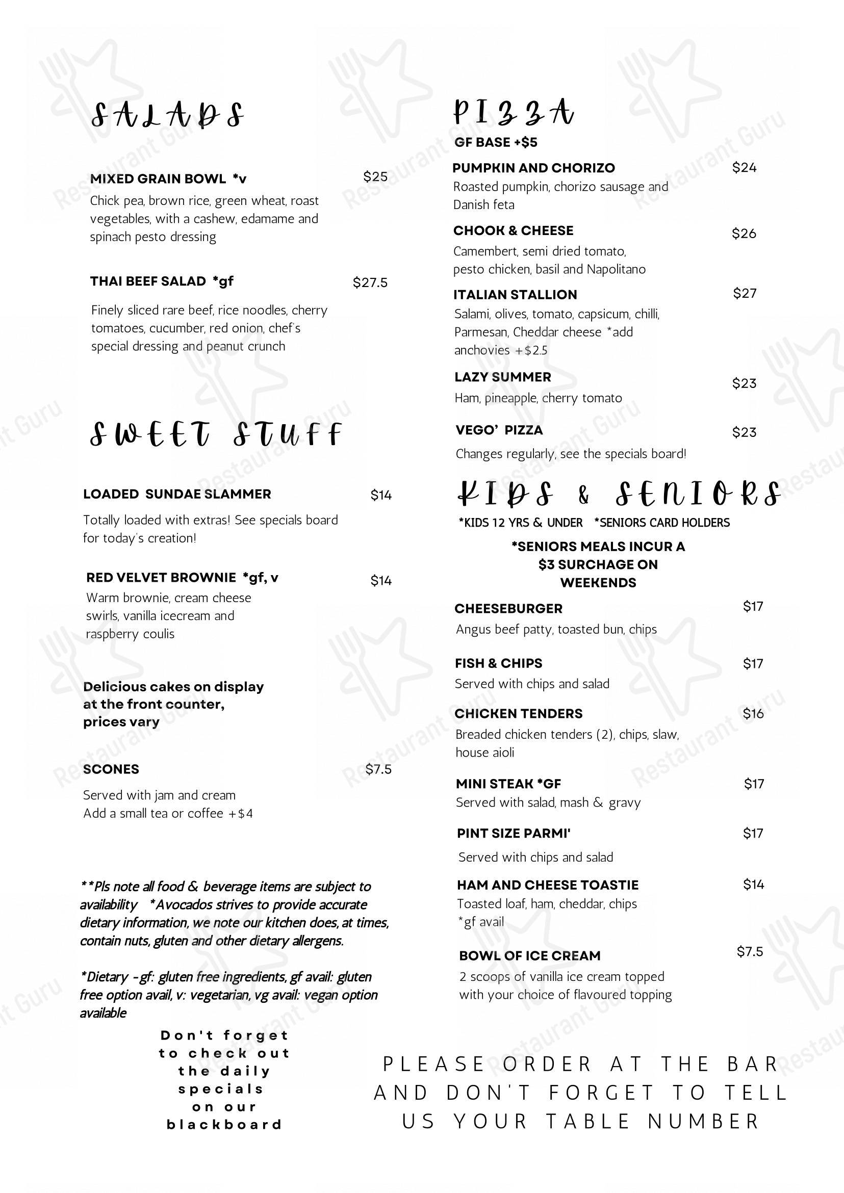 Menu at Avocados Bar & Café, Kelmscott