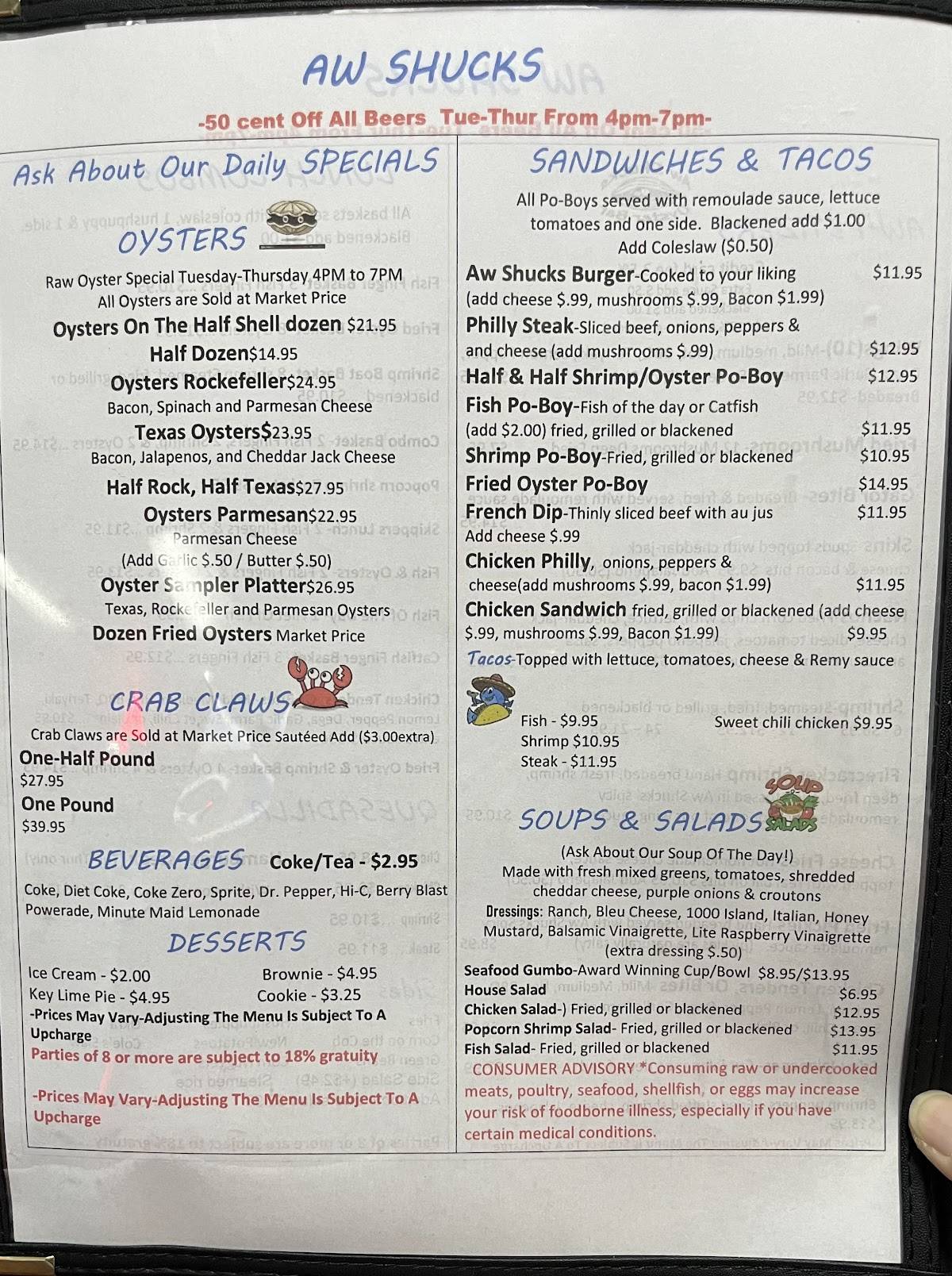 Menu at Aw Shucks restaurant, Montgomery, 4300 Wetumpka Hwy