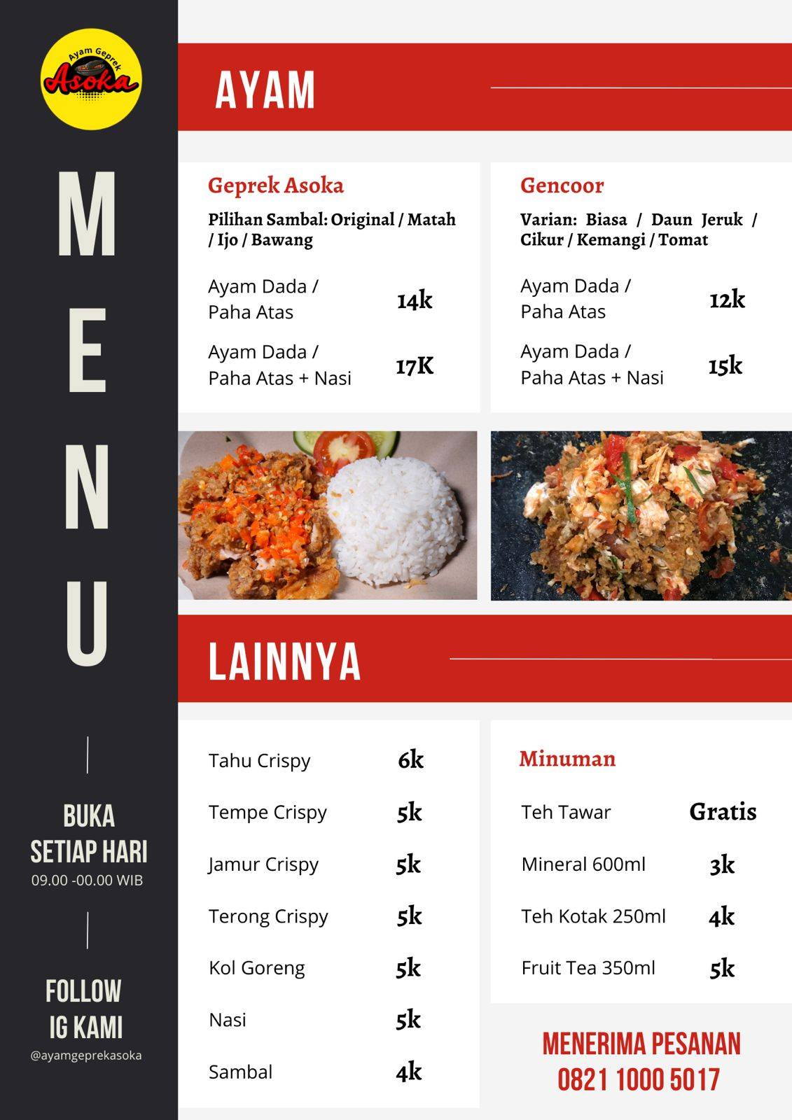 Carta del restaurante Ayam Geprek Asoka, Sarijadi, Bandung