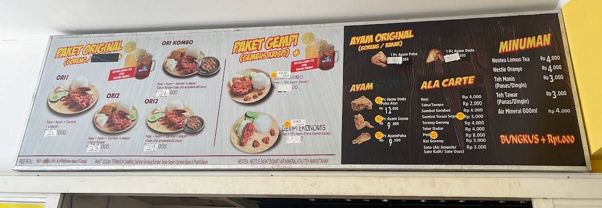 Carta del restaurante Ayam Gepuk Pak Gembus Timoho, Yogyakarta