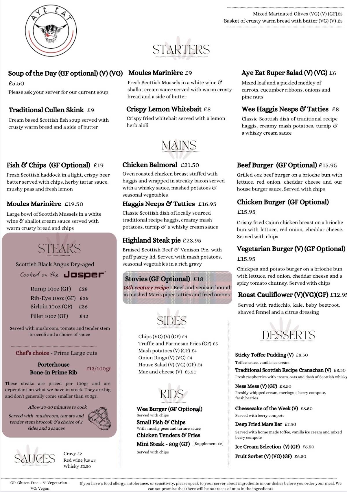 Menu at Aye Eat restaurant, Inverness