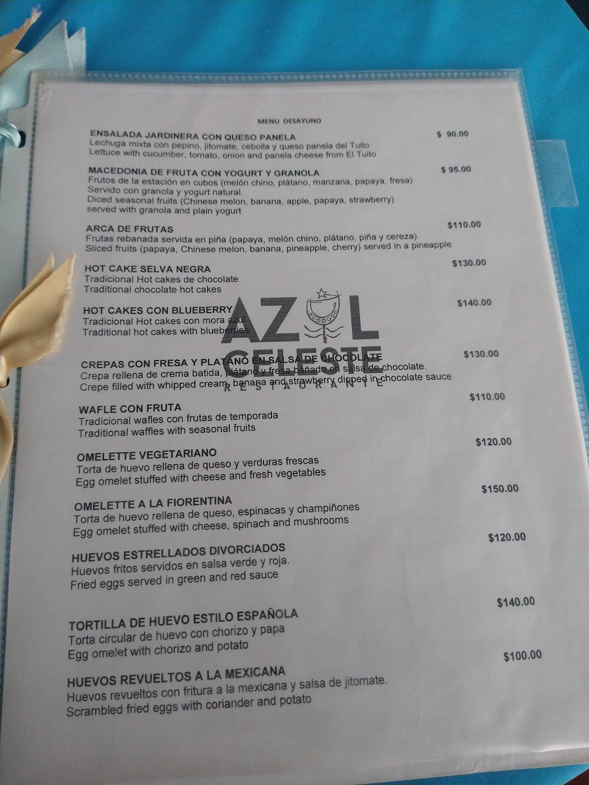 Menu at Azul Celeste Restaurant & Bar, Puerto Vallarta
