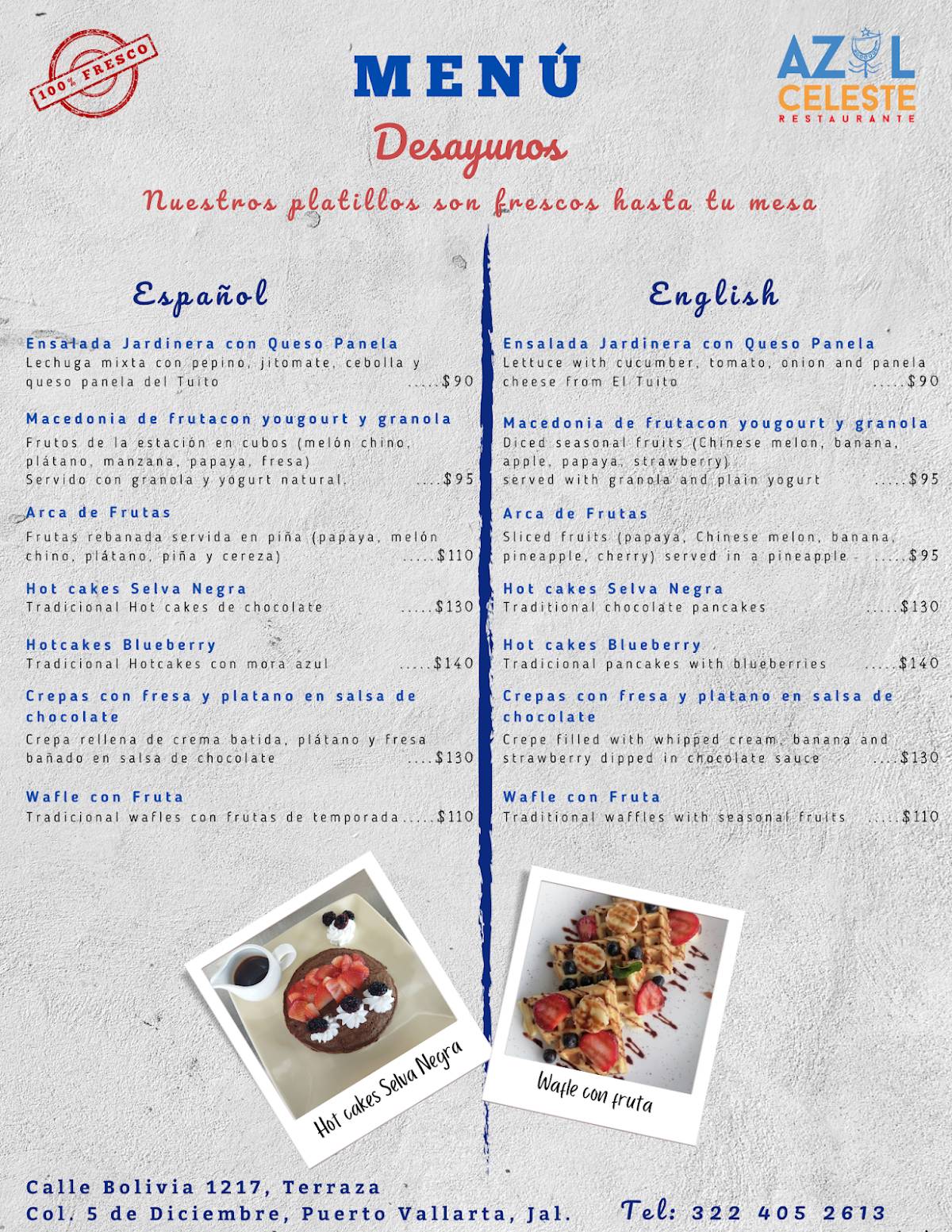 Menu at Azul Celeste Restaurant & Bar, Puerto Vallarta