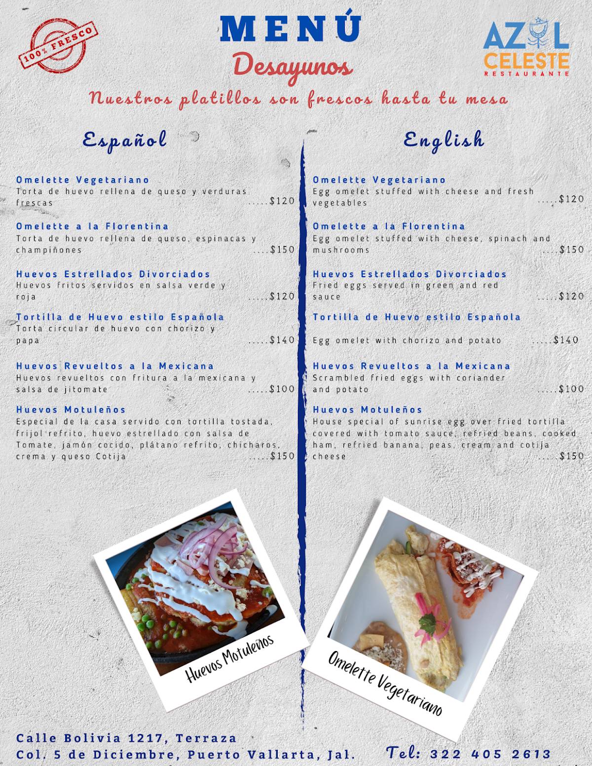 Menu at Azul Celeste Restaurant & Bar, Puerto Vallarta