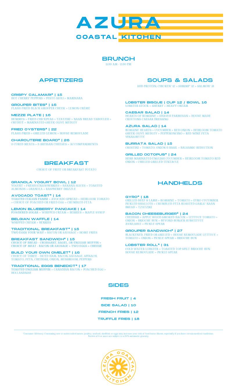 Menu at Azura Coastal Kitchen and Bar, Saint Pete Beach