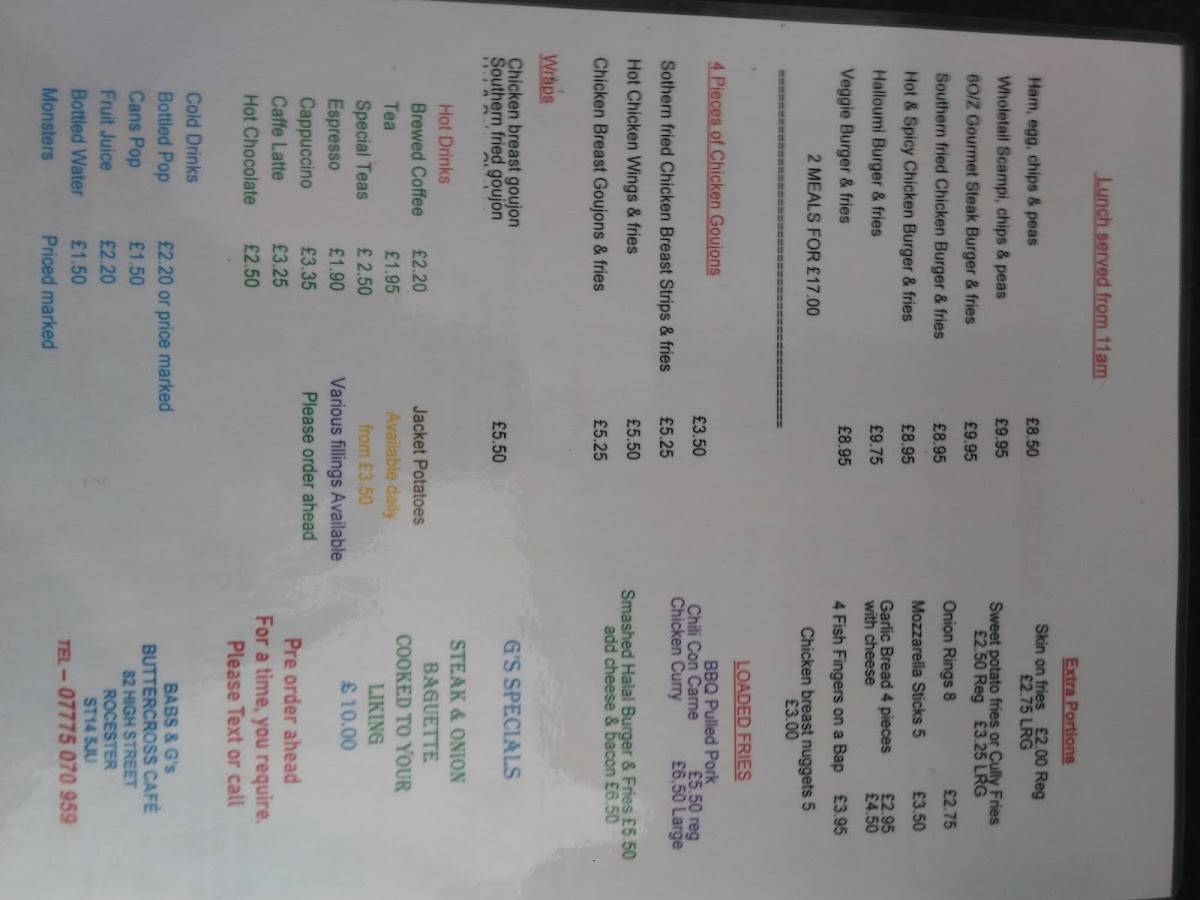 Menu at Buttercross Cafe, Uttoxeter