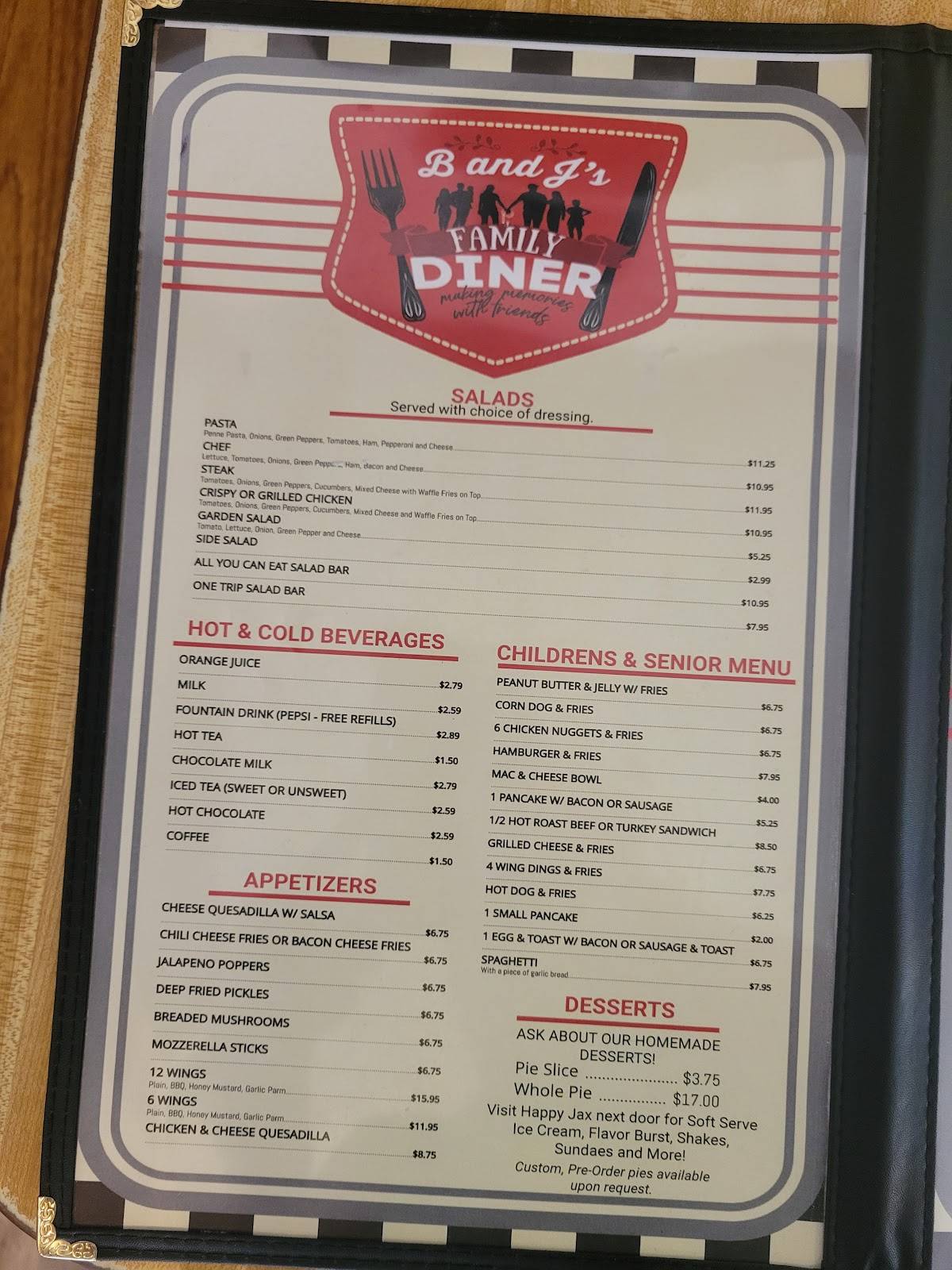 Menu at B & J's Family Diner desserts, Parsons