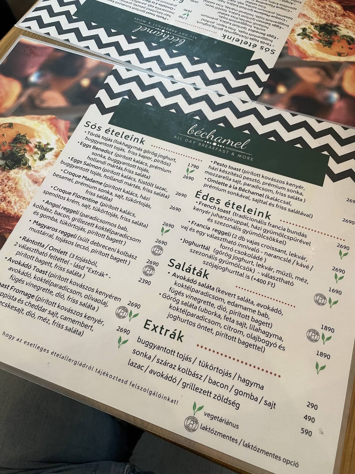 Menu at Béchamel restaurant, Budapest, Akácfa u. 36