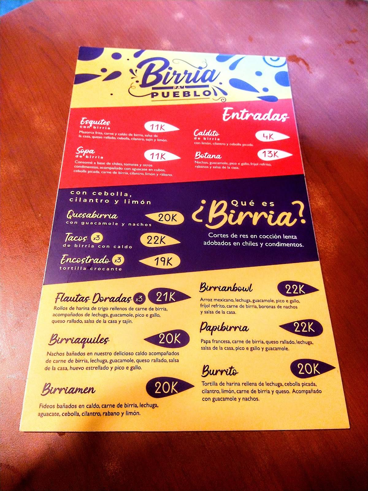 Menu at B de birria restaurant, Bogotá