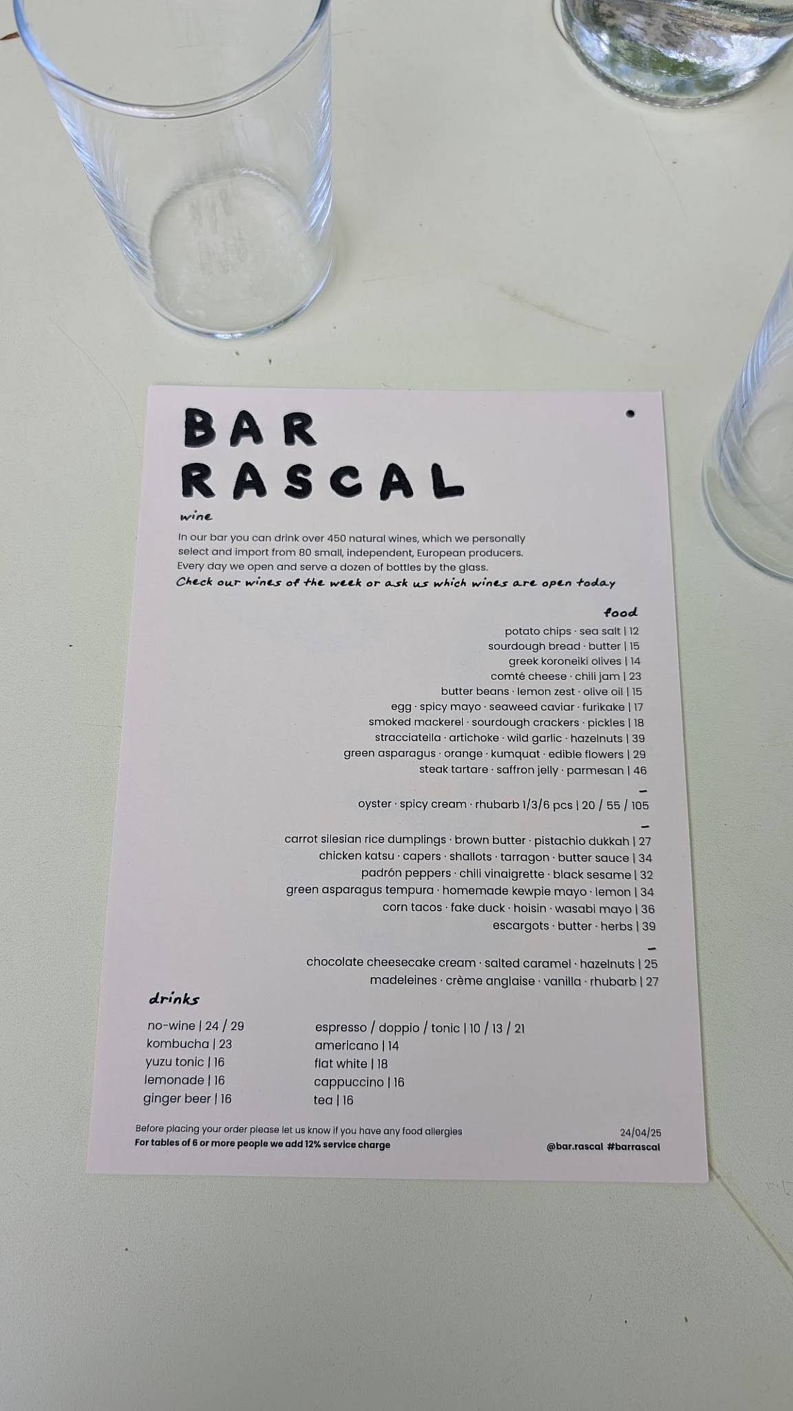 Menu at BAR RASCAL, Warsaw